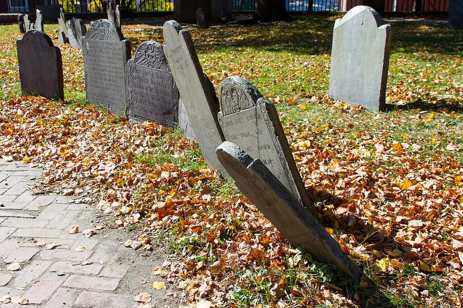 Leaning 18th-century headstones at Copp's Hill Burying Ground in Boston