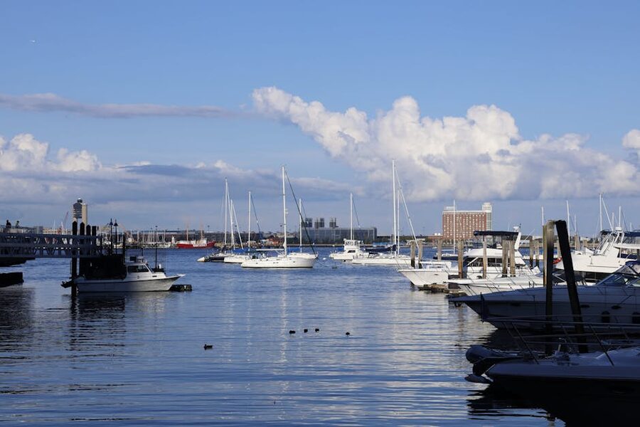 Boston Harbor sailboats and skyline