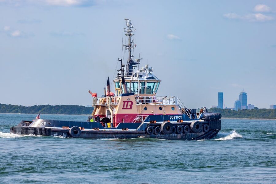 Tugboat in Boston Harbor with skyline