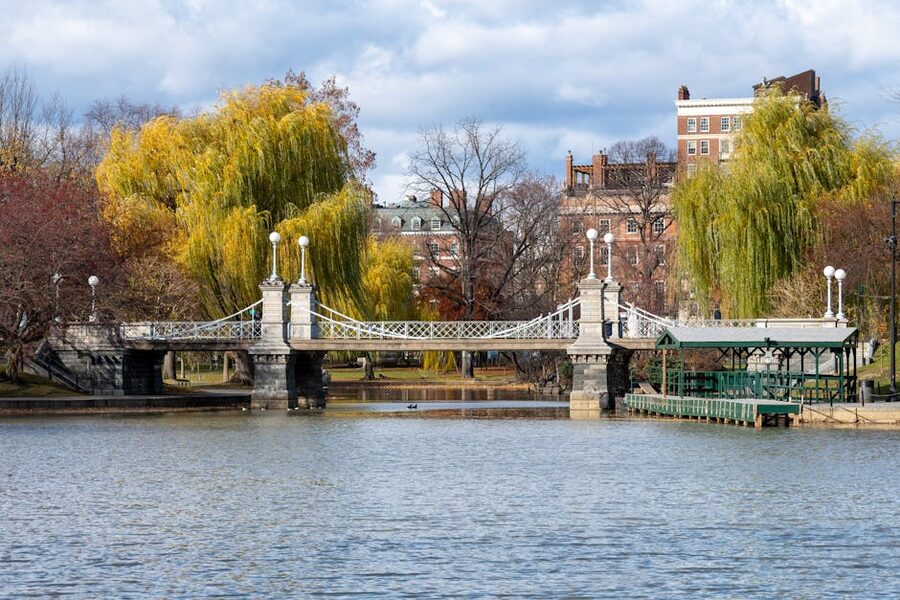 Boston Public Garden bridge in autumn foliage