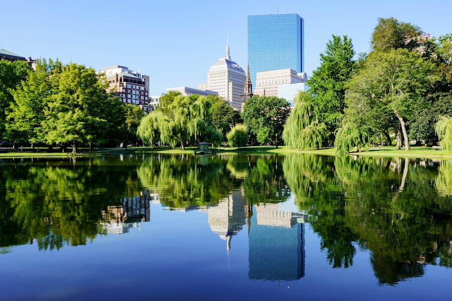 Boston Public Garden pond with city skyline