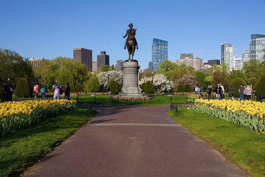 Boston Public Garden footbridge over the lagoon with spring trees