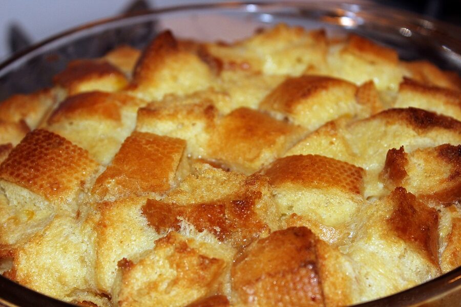 Traditional bread pudding dessert served on a plate