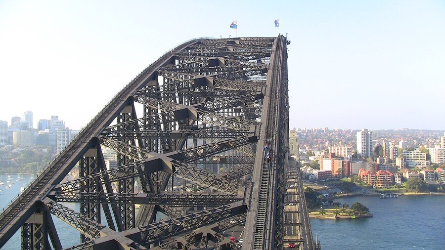 Looking up the Sydney Harbour Bridge arch from the south-east Pylon