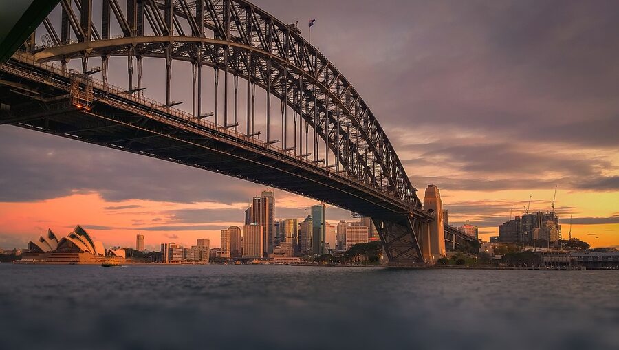 Sydney Harbour Bridge with the Sydney Opera House sails in front