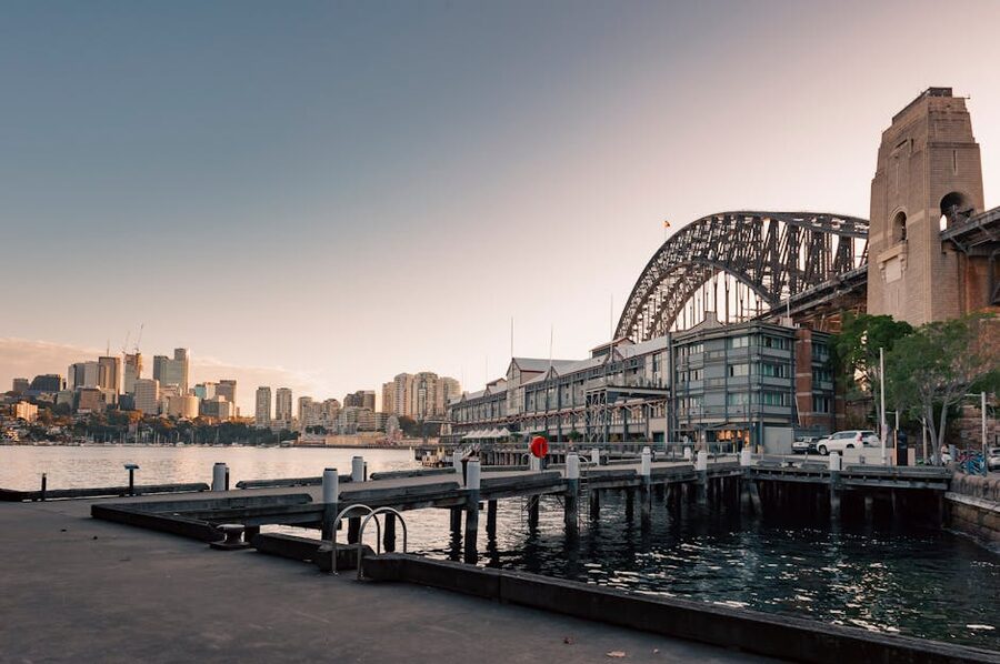 Sydney Harbour Bridge seen from The Rocks neighbourhood streets