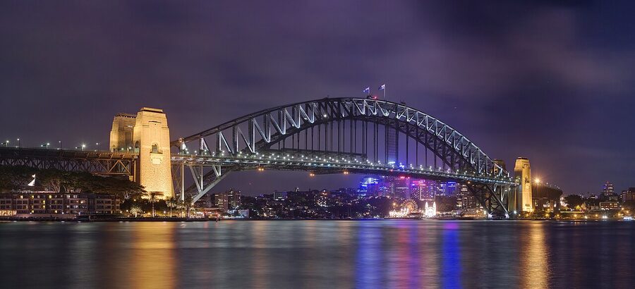 Sydney Harbour Bridge daytime from Circular Quay with ferry terminals