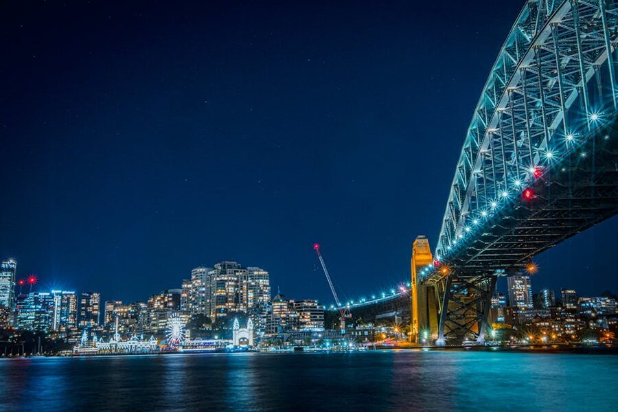 Long-exposure night shot of Sydney Harbour Bridge with the city lights