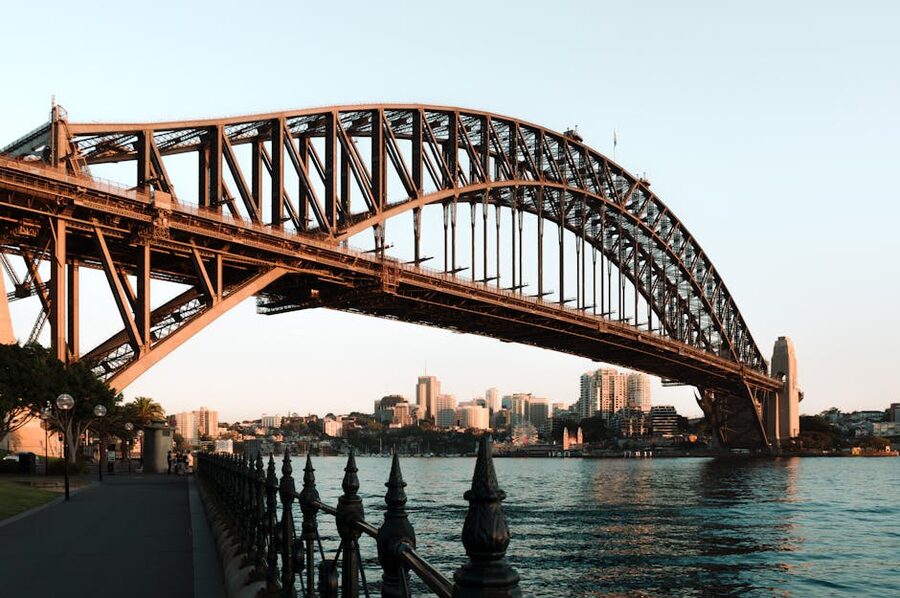 Iconic Sydney Harbour Bridge over the harbour with the CBD skyline