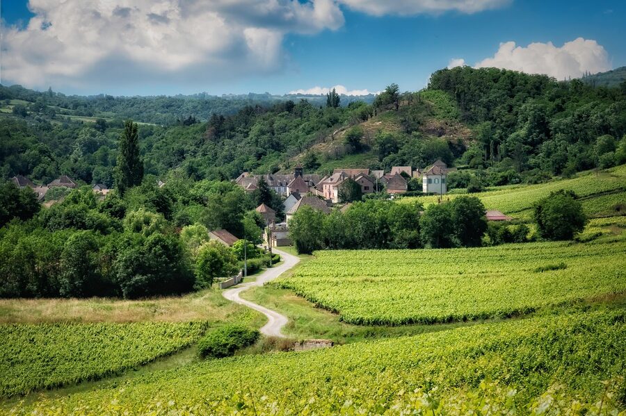 Burgundy village panorama with surrounding vineyards Côte d'Or