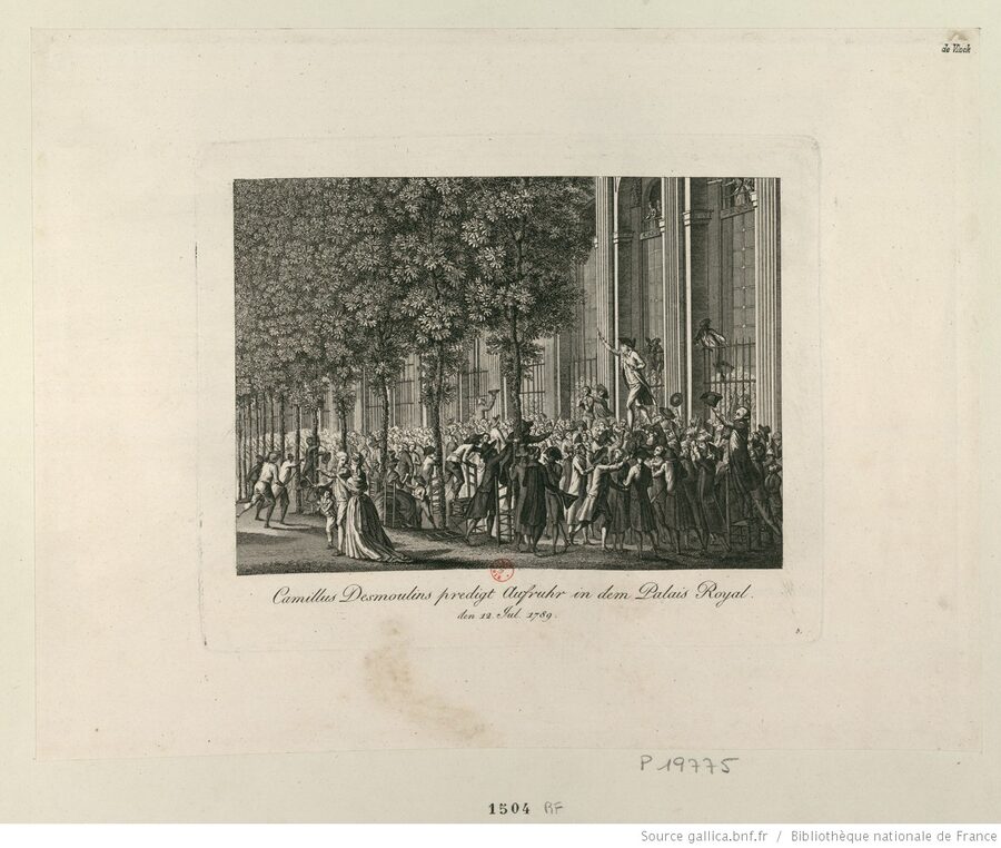 Camille Desmoulins delivering his call to arms at the Palais Royal on 12 July 1789