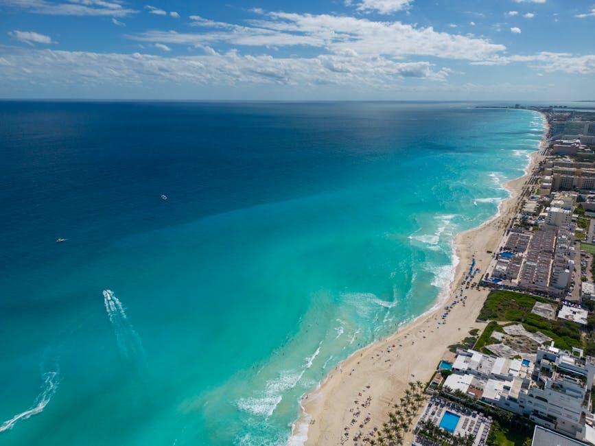 Aerial view of Cancun hotel zone with turquoise Caribbean water