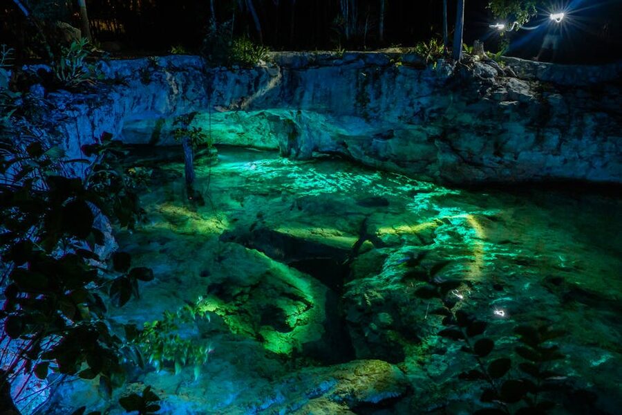Grand Cenote at night in Tulum Mexico