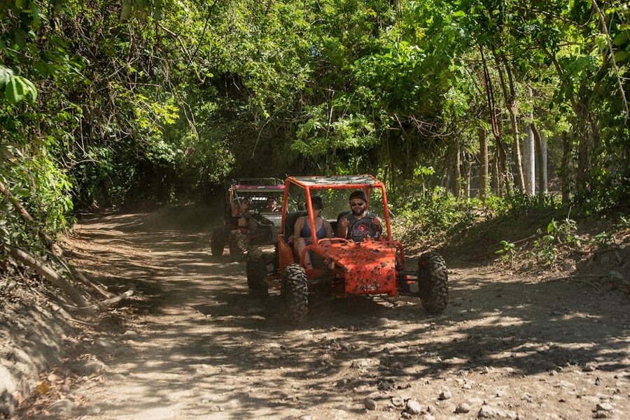 Two red ATVs in tropical forest