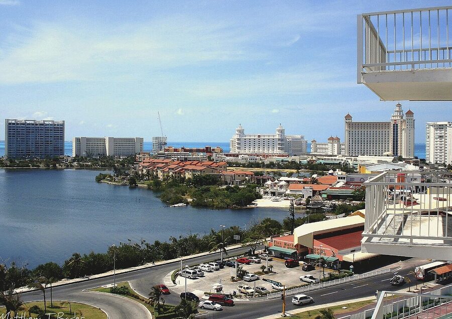 Aerial view of Cancun Hotel Zone with turquoise water and resorts
