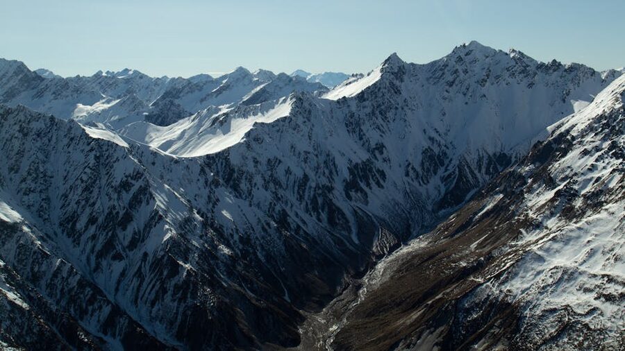 Snow-covered mountains in Canterbury, New Zealand from above