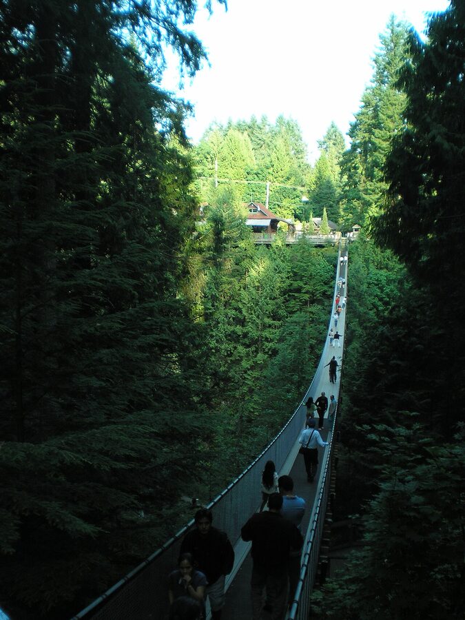 View across Capilano Suspension Bridge with canyon below