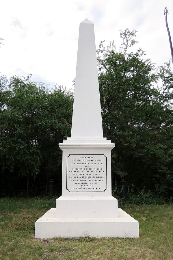 Captain Cook Monument white obelisk at Kealakekua Bay on the Big Island of Hawaii