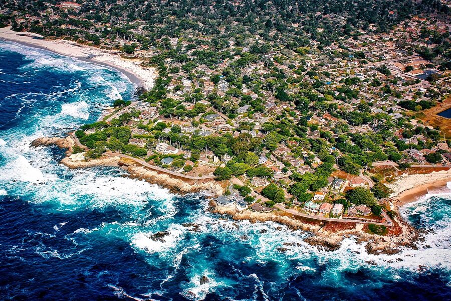 Aerial view of Carmel-by-the-Sea village on California coast