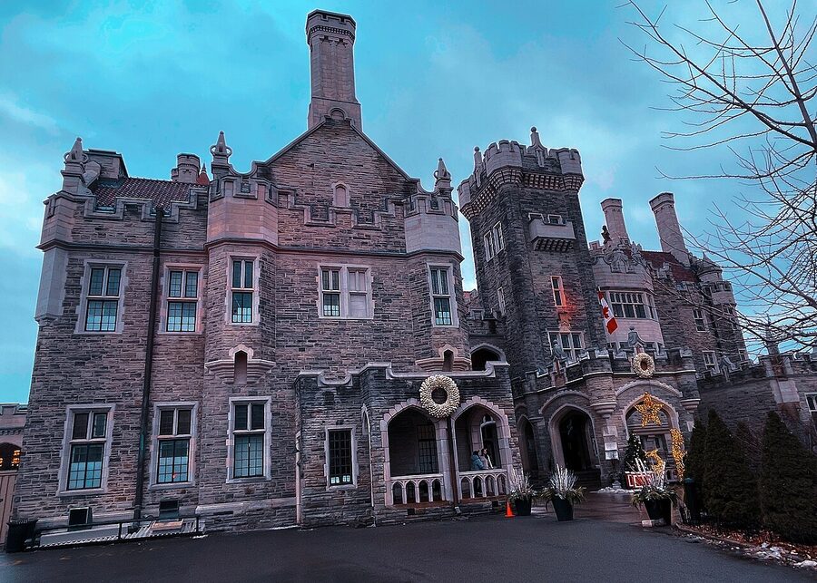 Wide view of Casa Loma castle exterior Toronto winter