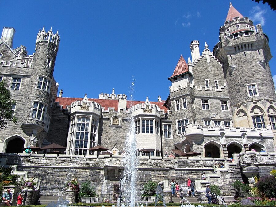 Casa Loma castle photographed from the gardens below looking up