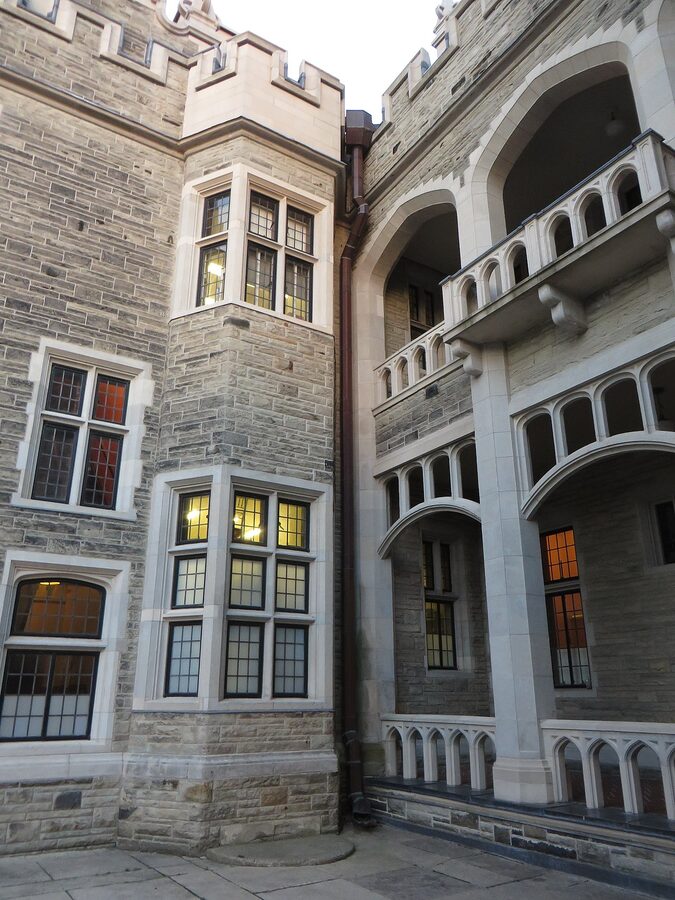 Vertical view of Casa Loma facade with towers