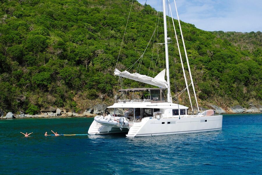 Catamaran sailing on tropical Caribbean ocean waters
