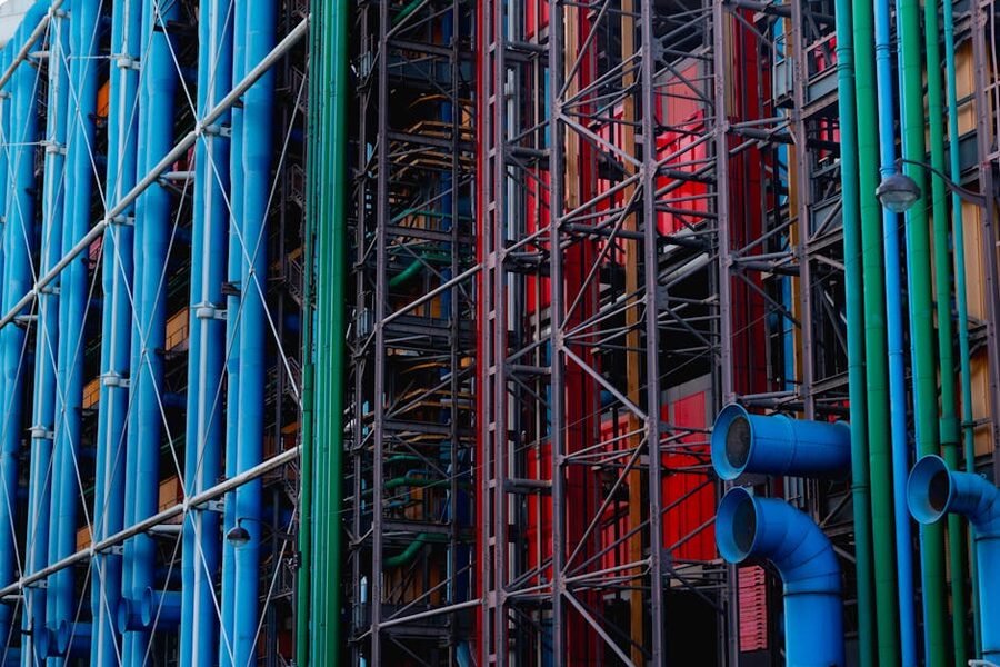 Vibrant colored pipes and structures of the Centre Pompidou exterior