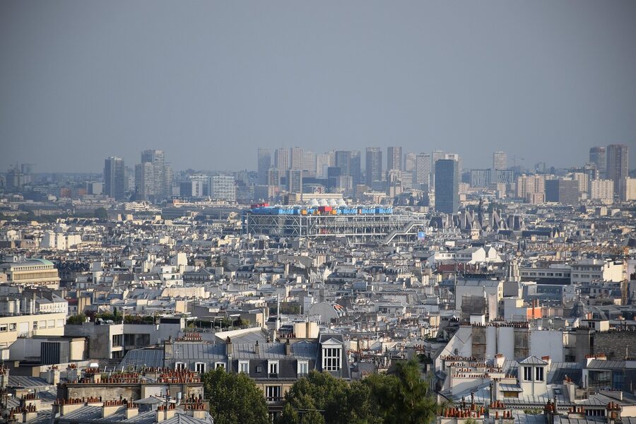 Centre Pompidou viewed from a Montmartre rooftop with Paris skyline
