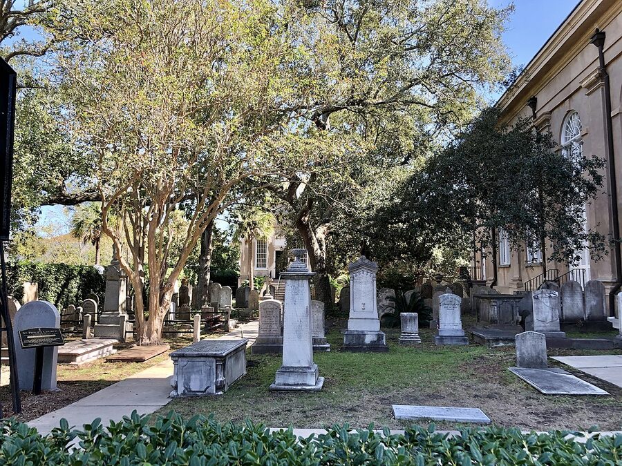 St Philip Church graveyard in Charleston French Quarter with old headstones