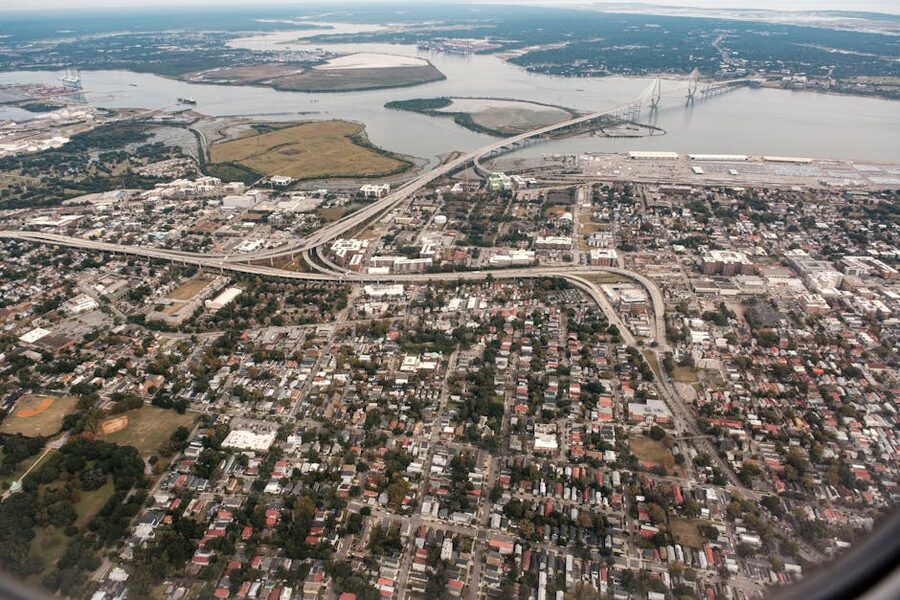 Aerial view of Charleston harbor, peninsula and Arthur Ravenel Jr. Bridge