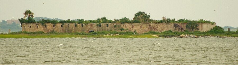 Castle Pinckney ruins on Shutes Folly Island, seen from the Battery, Charleston