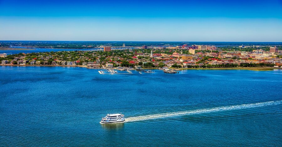 Charleston Harbor cruise boat seen from above in the harbor channel