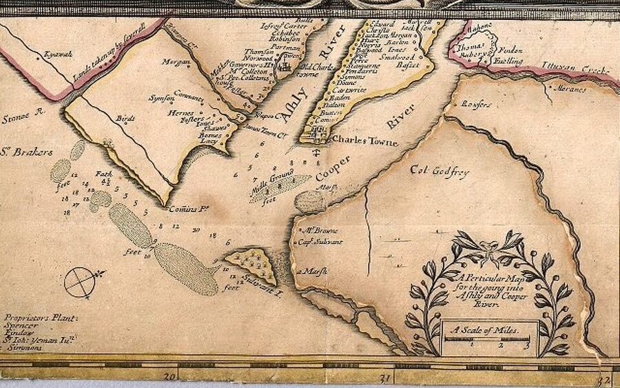 1682 Joel Gascoyne map of Charleston Harbor showing the peninsula