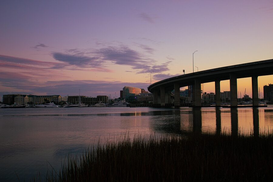 Charleston harbor and Ravenel Bridge at dusk