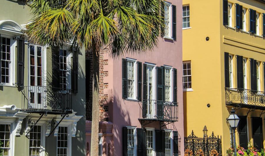 Colorful Charleston historic buildings with palm tree