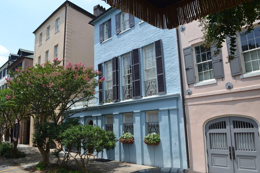 Charleston Rainbow Row pastel mansions along East Bay Street