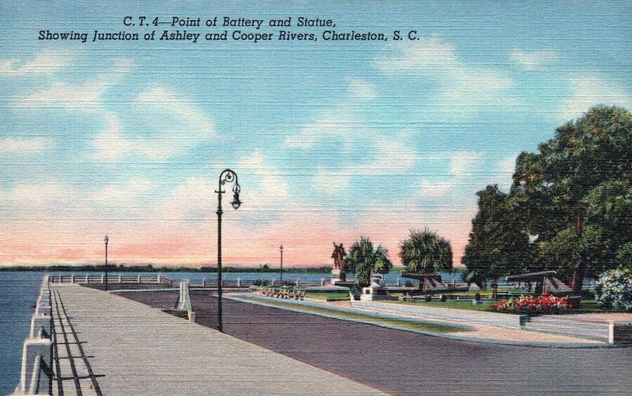 Vintage postcard of White Point Garden and the Battery in Charleston