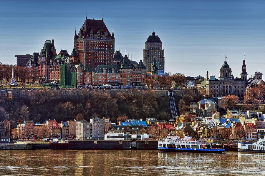 Chateau Frontenac and the Old Quebec riverfront from the St Lawrence