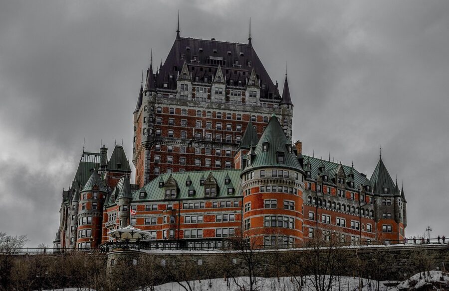 Chateau Frontenac in winter by the St Lawrence river