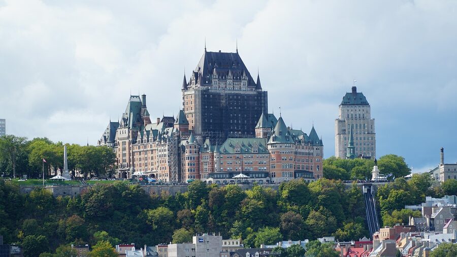 Chateau Frontenac with the Dufferin Terrace overlooking the St Lawrence River