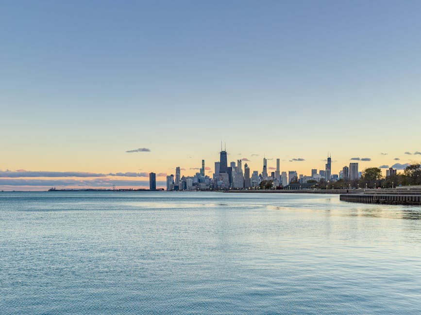 Chicago skyline during sunset from Lakefront Trail