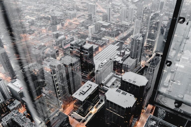 Aerial view of Chicago cityscape during dusk showing urban sprawl