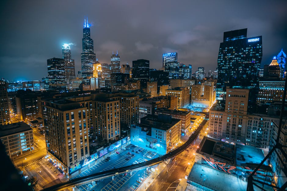 Aerial view of Chicago illuminated skyline at night