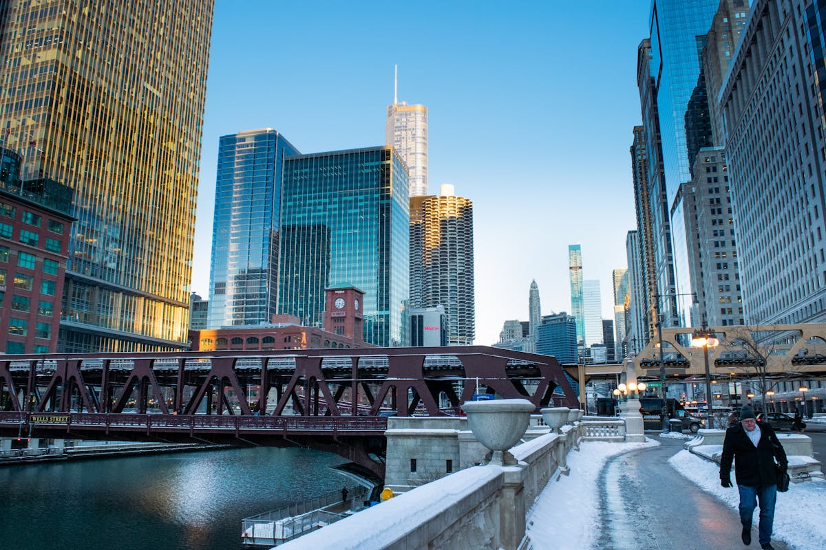 Chicago downtown with snow-covered streets and skyscrapers during a cold winter day