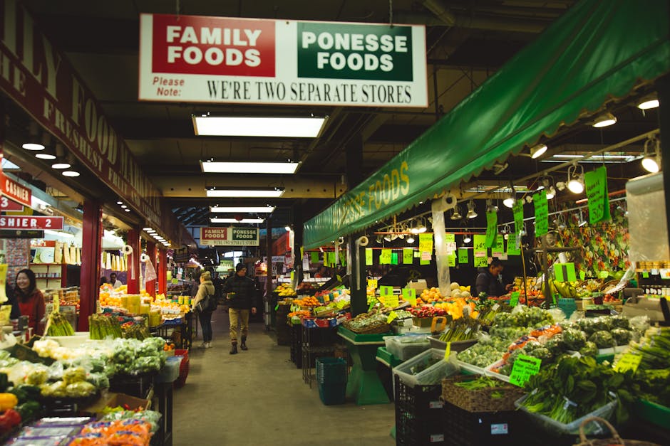 Market stalls with fresh fruits and vegetables