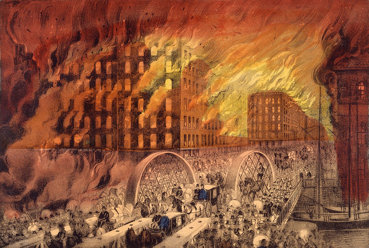 Lithograph depicting the Great Chicago Fire of 1871 with flames consuming the city