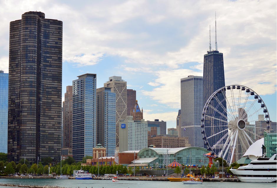 Chicago skyline with Ferris wheel on Navy Pier