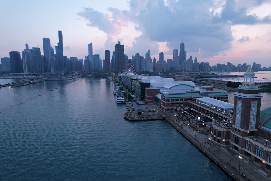Aerial view of Chicago Navy Pier at sunset