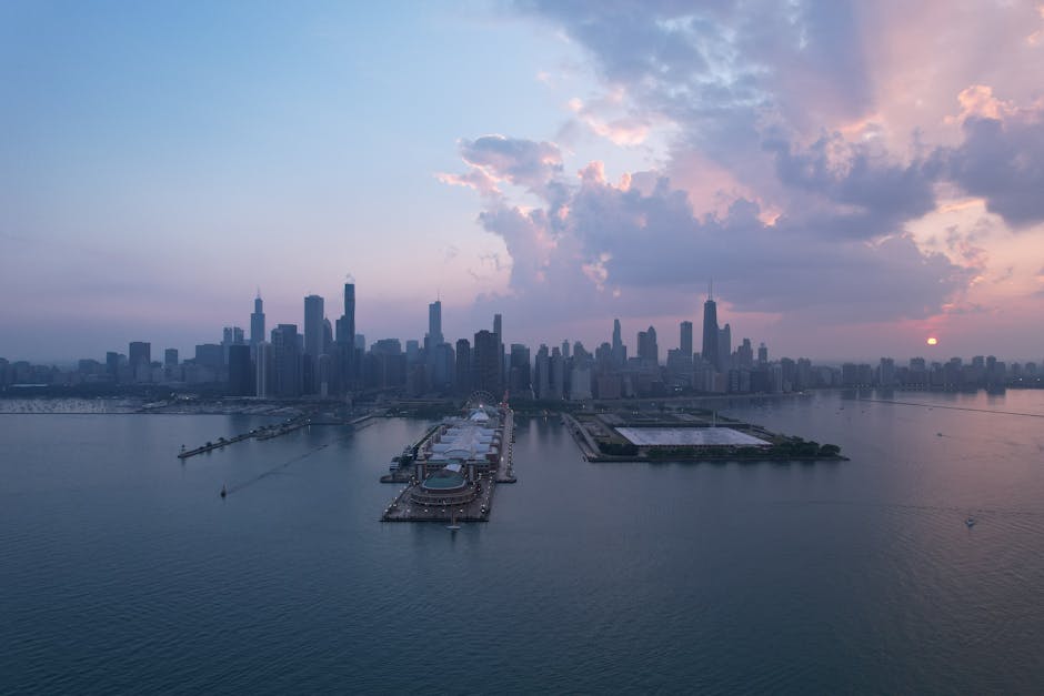 Aerial view of Chicago skyline at sunset with Navy Pier